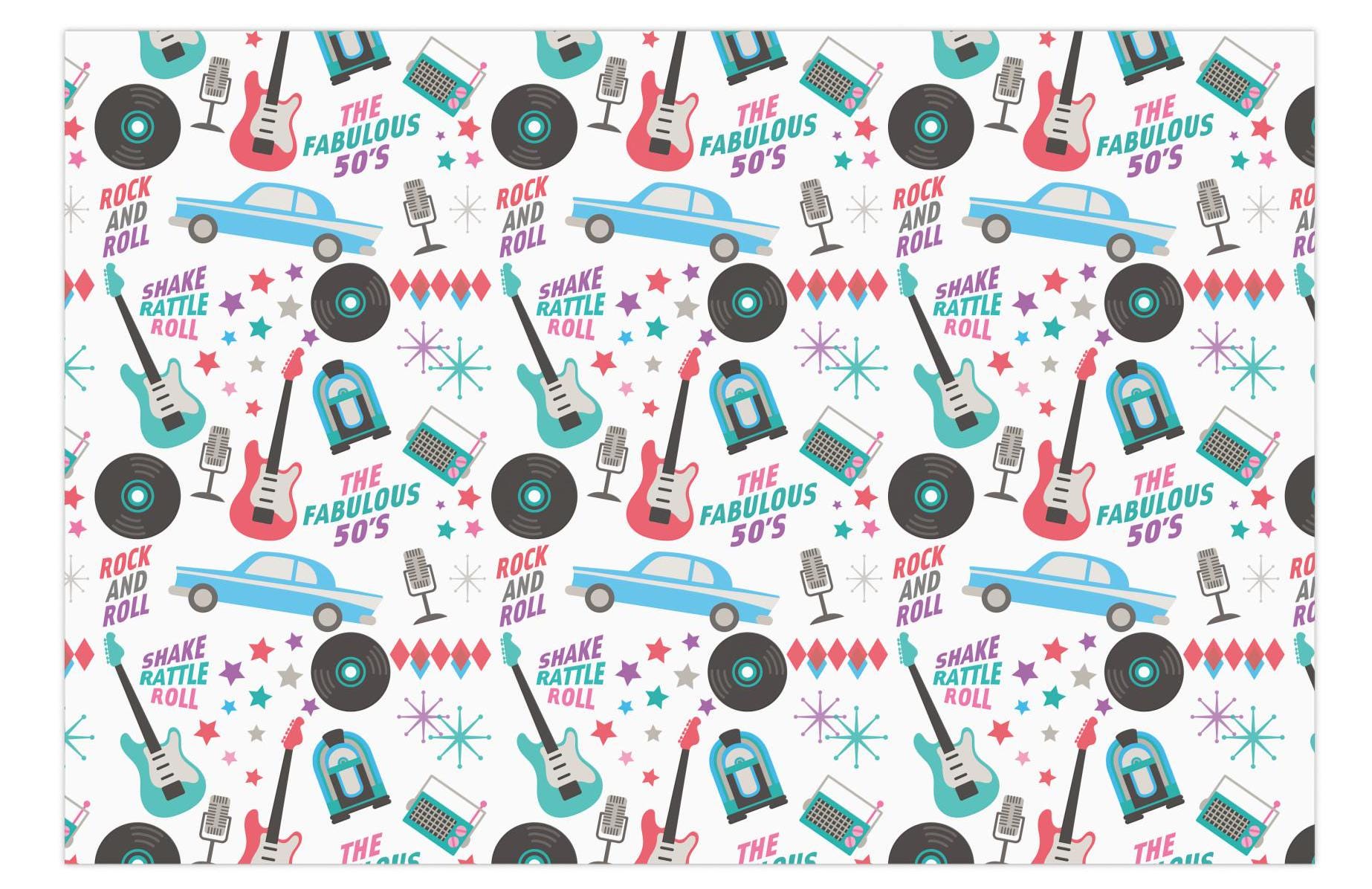 Retro Fifties Gift Wrap Papers | Cool Guitars and Big Cars Gift Wrap ...