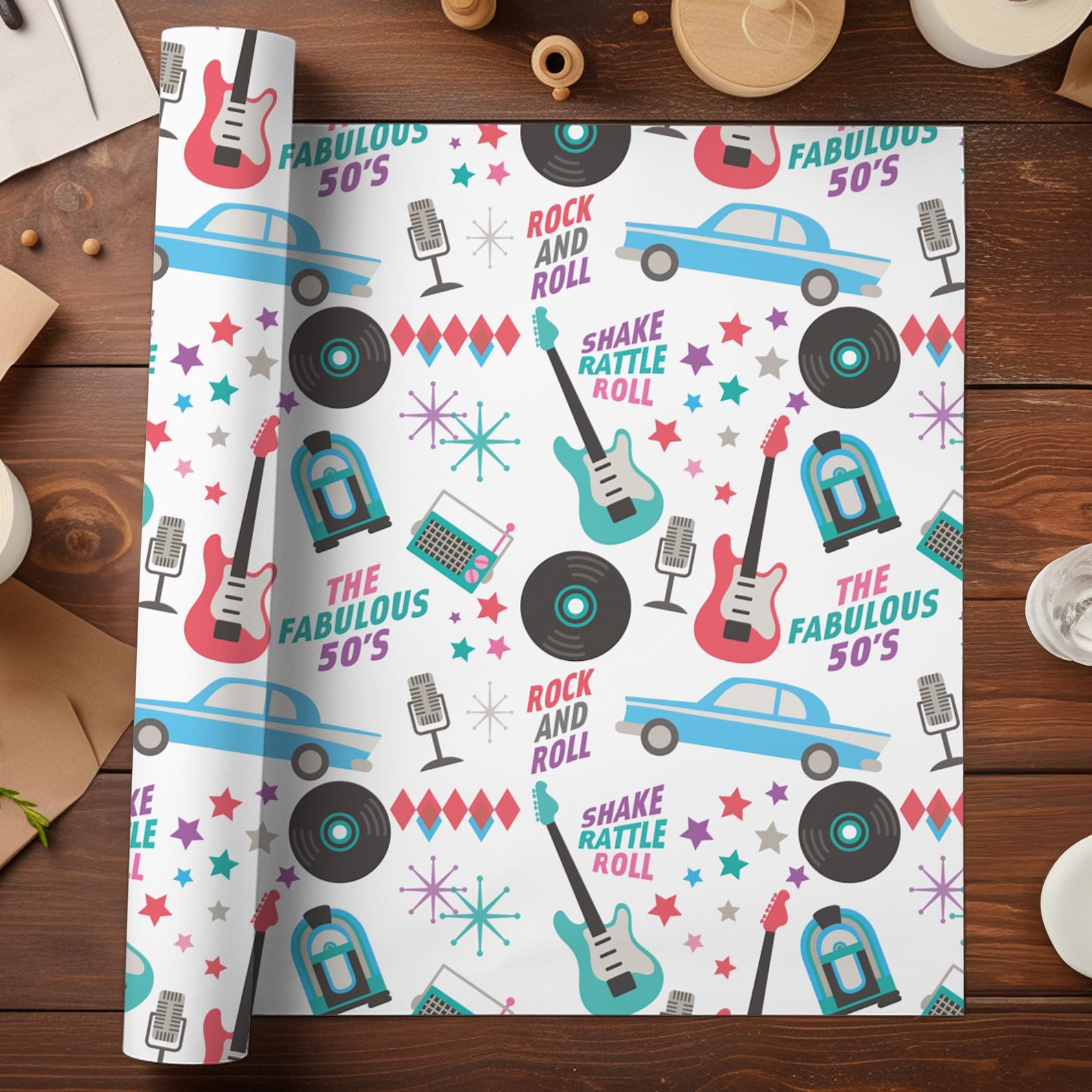 Retro Fifties Gift Wrap Papers | Cool Guitars and Big Cars Gift Wrap ...