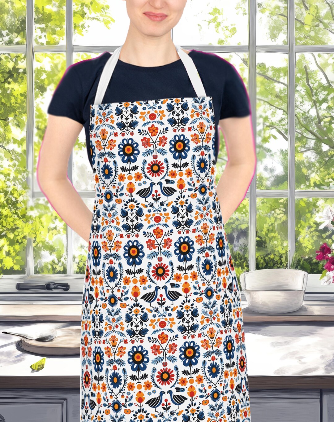 Swedish Garden and Kitchen Adult Apron AOP, Swedish Birds and Flowers ...