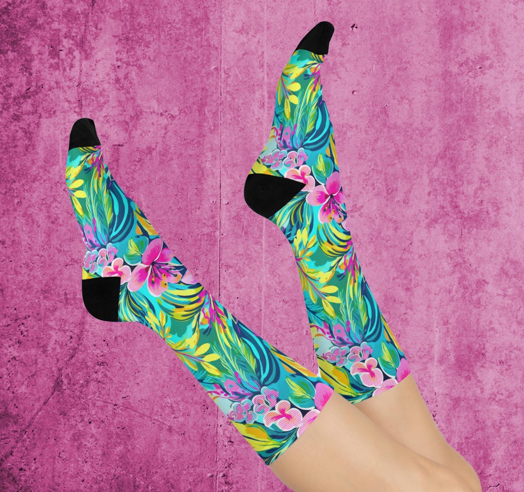 Hibiscus Hawaiian Floral Cushioned Crew Socks | Tropical Beach Pattern ...