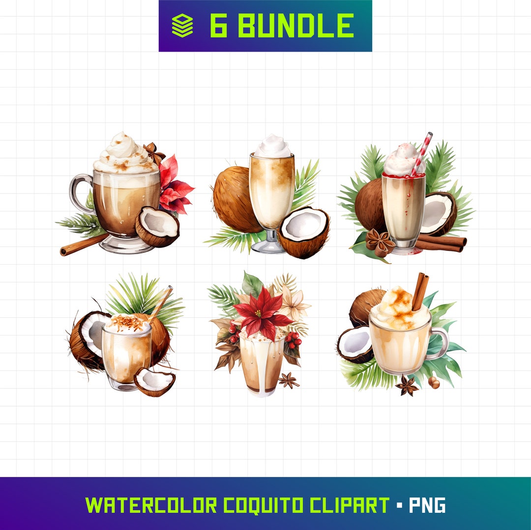Coquito Watercolor Clipart, Puerto Rico Clipart Bundle, Christmas ...