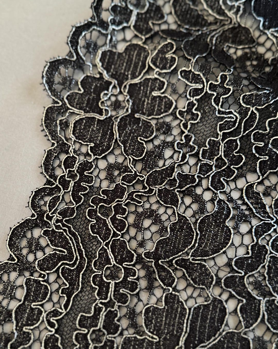 1.5 Yards of Black Lace With Silver Cording, Luxury Italian Fabric by ...