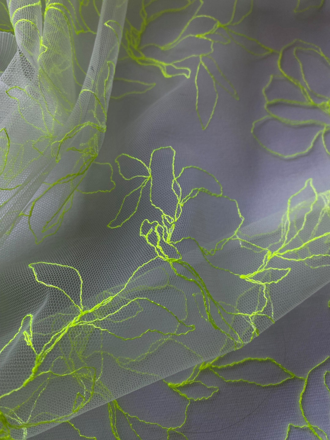 White Tulle With Neon Yellow Embroidery, Great Quality Italian Fabric ...