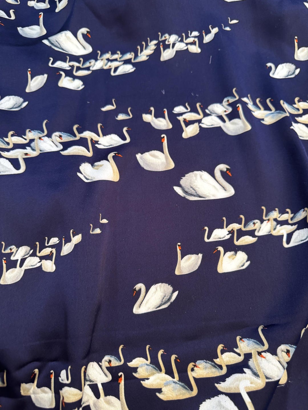Blue Satin Face Viscose Fabric With Swans Print, Luxury Fabric by Yard ...