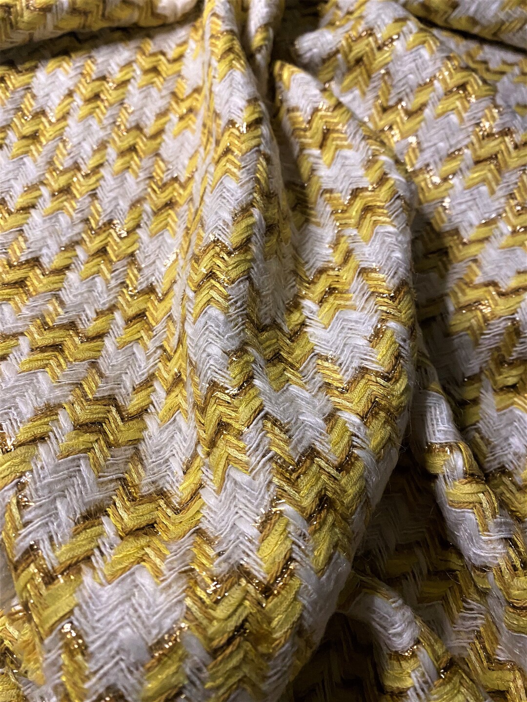Yellow Tweed Fabric With Gold Lurex Threads, Luxury French Fabric by ...