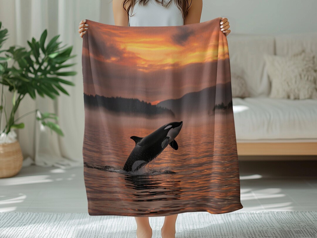Orca Arctic Fleece Blanket, Killer Whale Leaping Blanket, Sunset Ocean ...