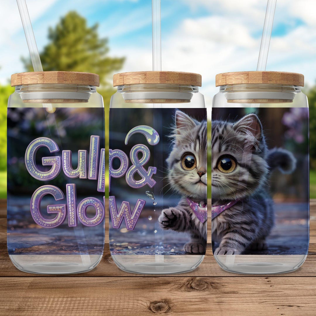 Glass Tumbler Water Glass Iced Coffee Cup - Gulp & Glow Cat - Etsy