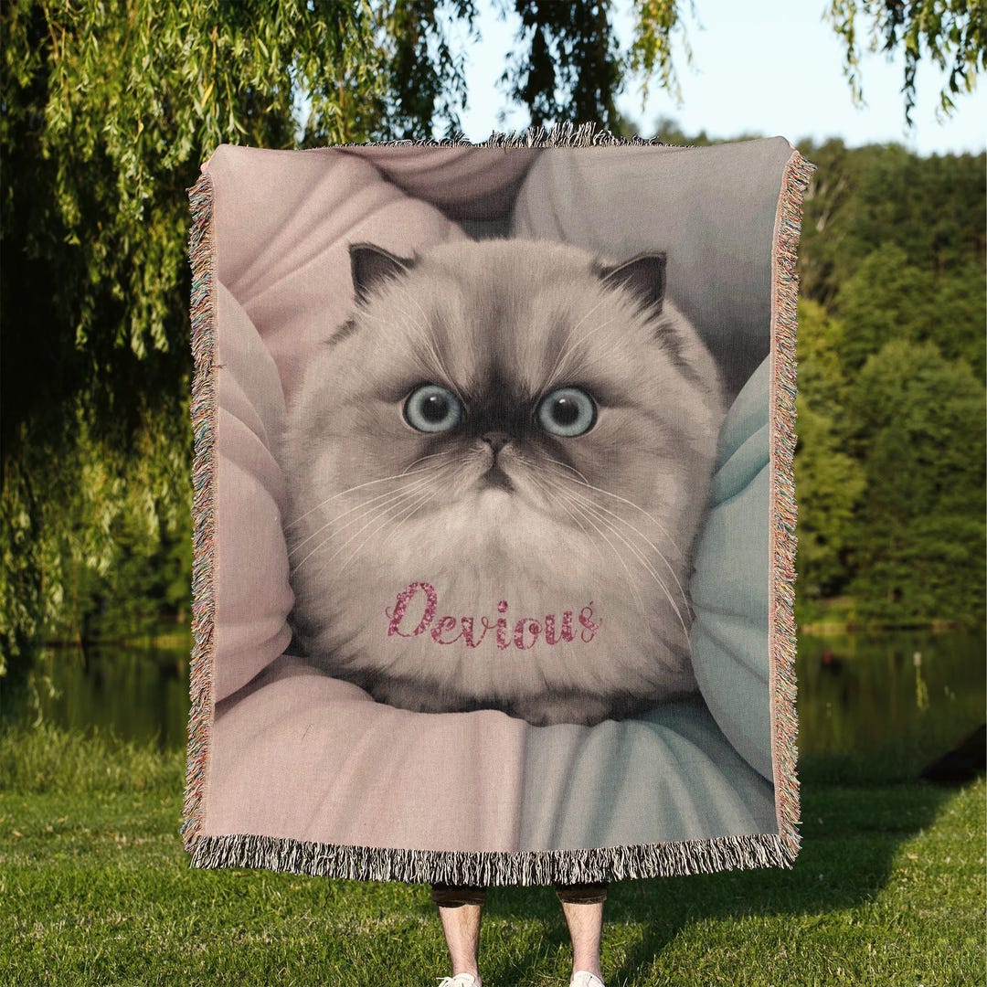 Woven Cat Blanket: Persian Cat, Pink & Blue Decor, "devious" Text - Etsy