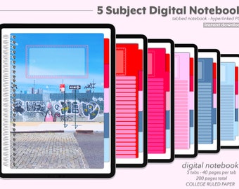 5 Subject Digital Notebook Hyperlinked Tabs Note Taking | Etsy