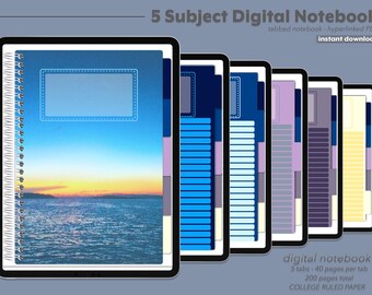 5 Subject Digital Notebook - Hyperlinked Tabs - Note Taking, Journaling ...
