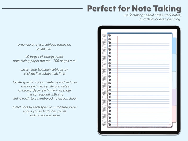 5 Subject Digital Notebook - Hyperlinked Tabs - Note Taking, Journaling ...