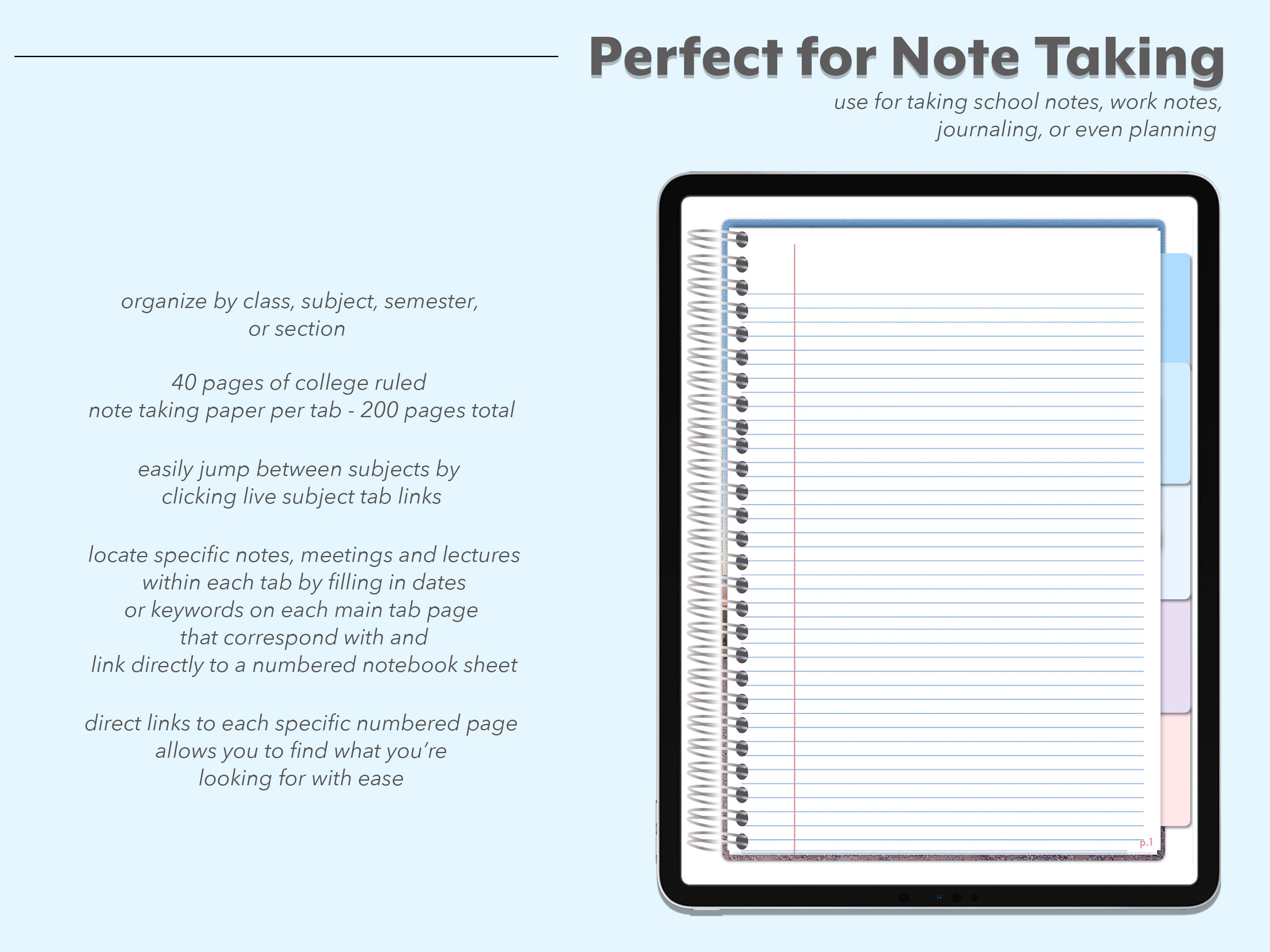 5 Subject Digital Notebook - Hyperlinked Tabs - Note Taking, Journaling ...