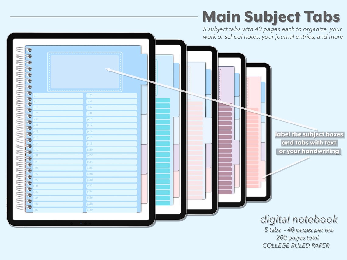 5 Subject Digital Notebook - Hyperlinked Tabs - Note Taking, Journaling ...