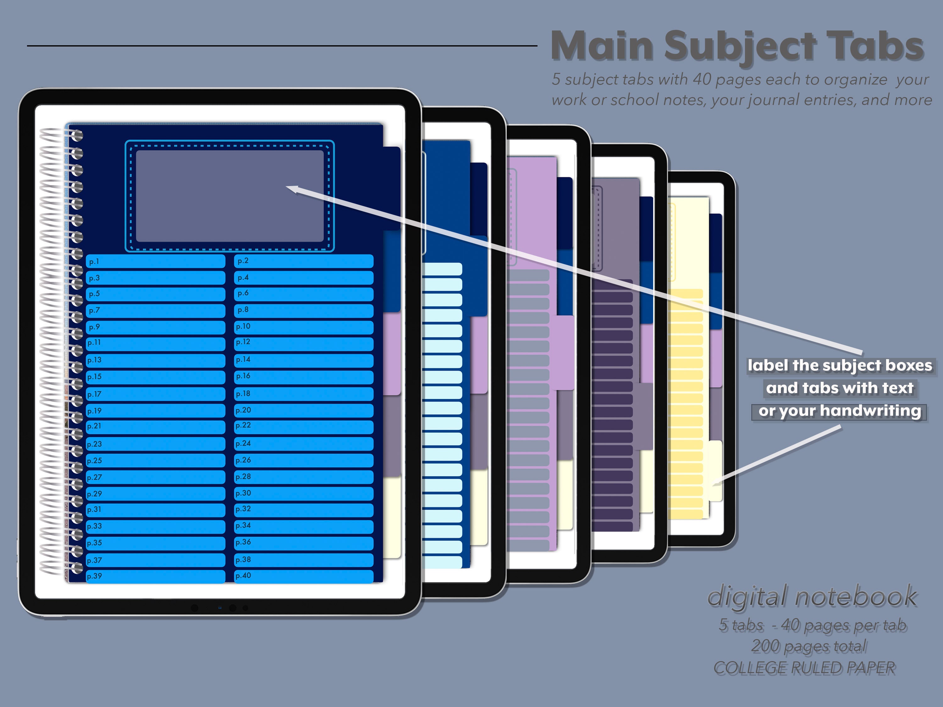 5 Subject Digital Notebook Hyperlinked Tabs Note Taking, Journaling ...