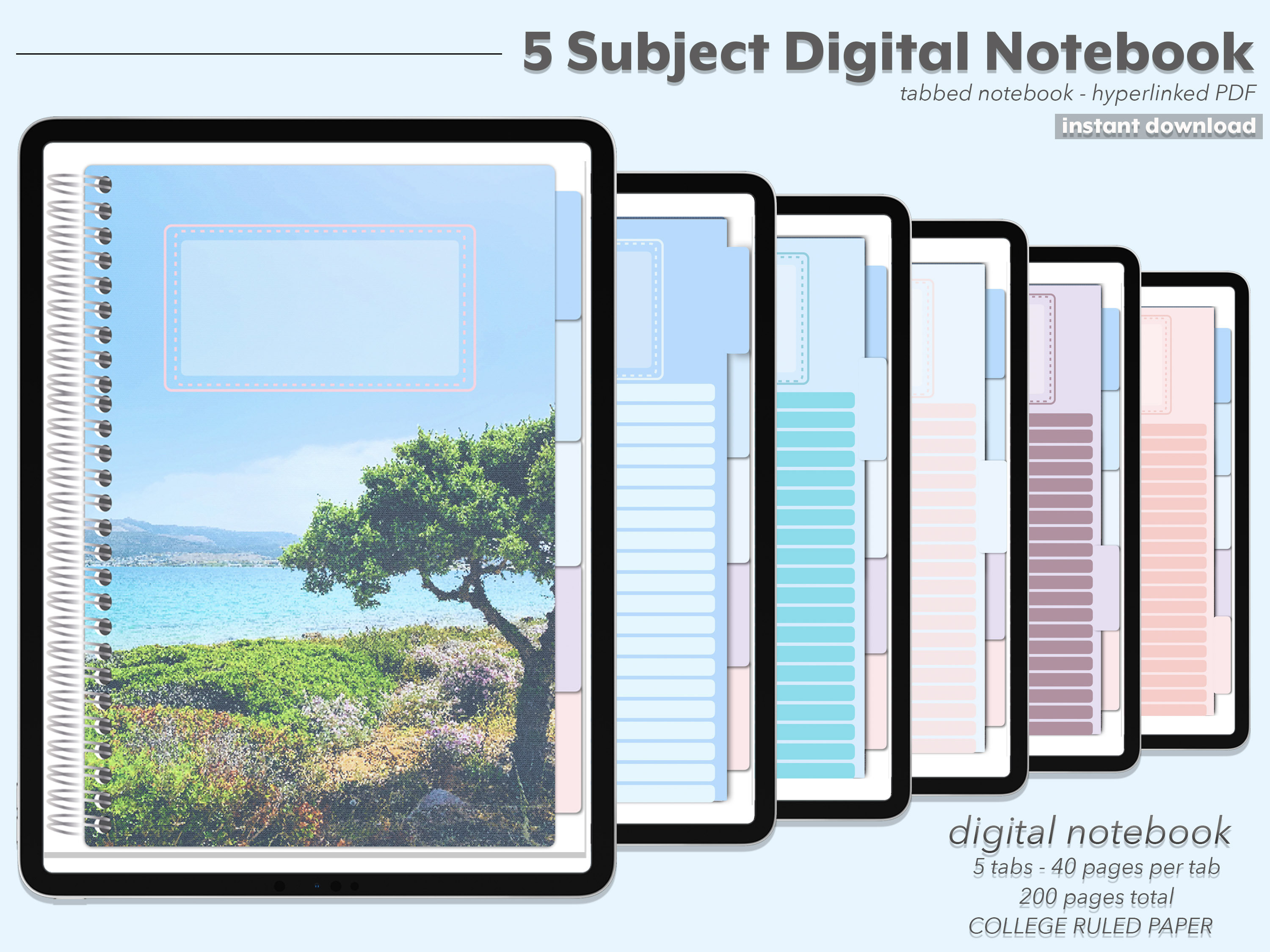 5 Subject Digital Notebook - Hyperlinked Tabs - Note Taking, Journaling ...