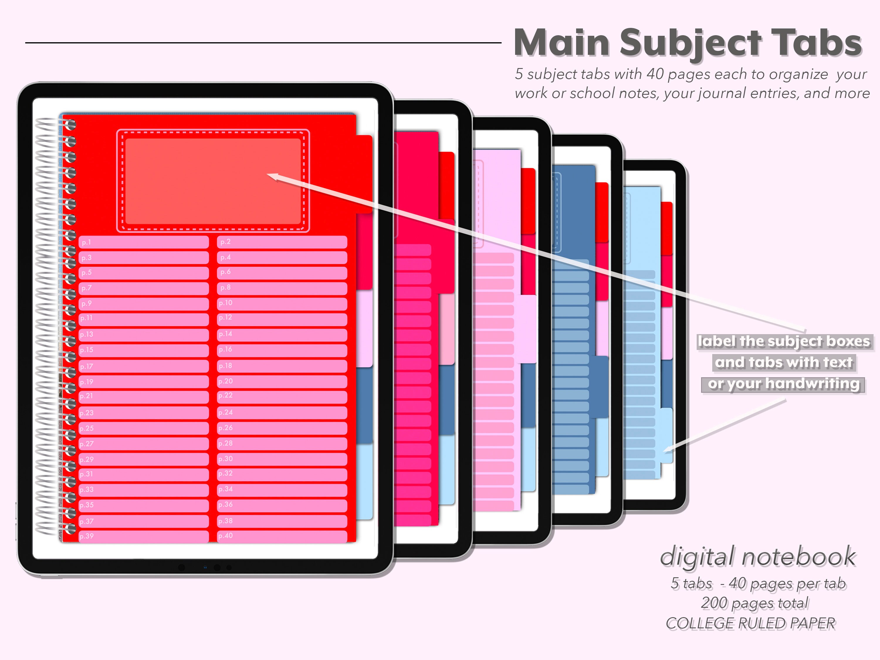 5 Subject Digital Notebook - Hyperlinked Tabs - Note Taking, Journaling ...