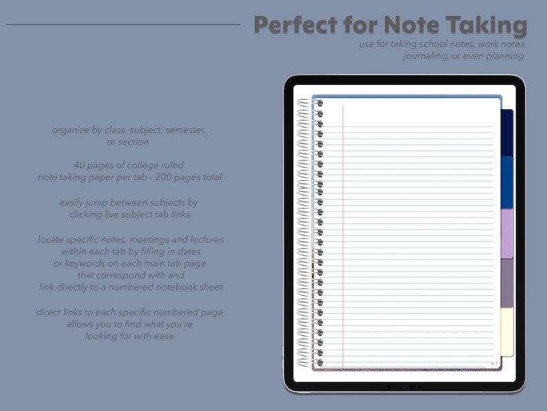 5 Subject Digital Notebook - Hyperlinked Tabs - Note Taking, Journaling ...