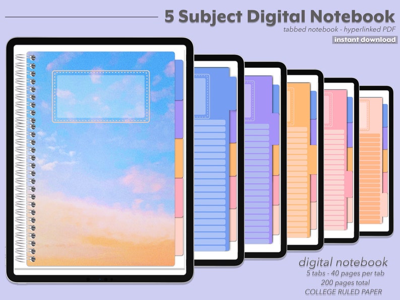 5 Subject Digital Notebook - Hyperlinked Tabs - Note Taking, Journaling ...