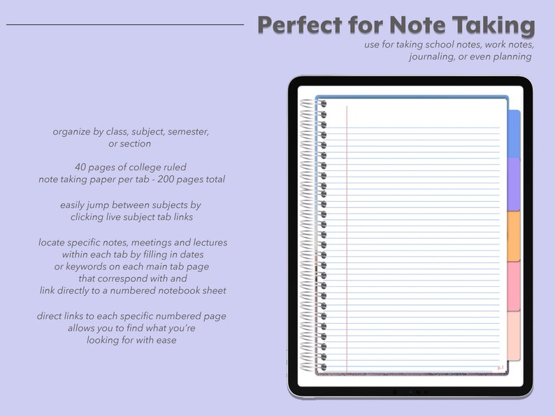 5 Subject Digital Notebook - Hyperlinked Tabs - Note Taking, Journaling ...