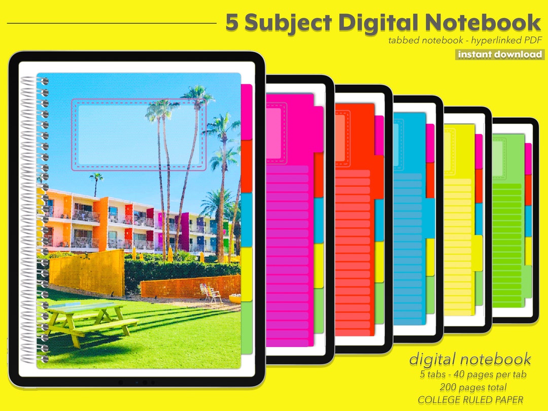 5 Subject Digital Notebook "palm Springs" - Hyperlinked Tabs - Note ...