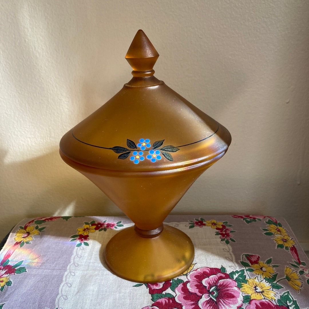 Antique Amber Satin Glass Candy Dish With Floral Enameling - Cone ...