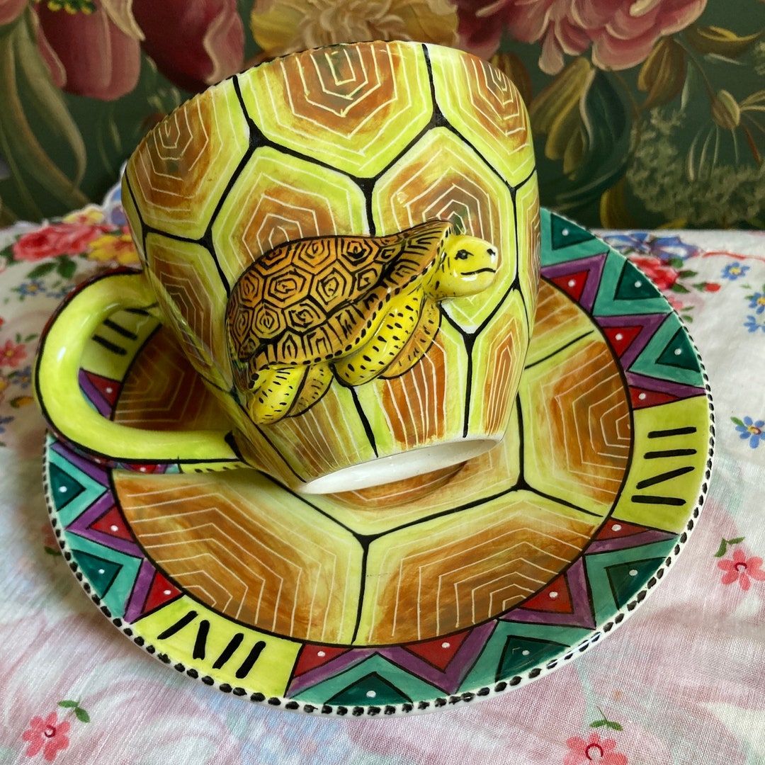 Hand Painted Turtle Teacup and Saucer Signed - Intu-art E Kawina - 3 ...