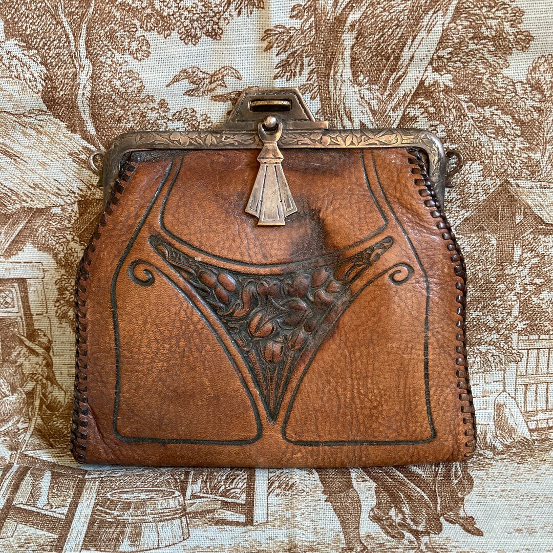 Antique Tooled Leather Purse Floral Design Art Nouveau Turnlock Bag ...