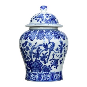 Blue and White Porcelain Bird Motif Temple Jar 14" - Etsy