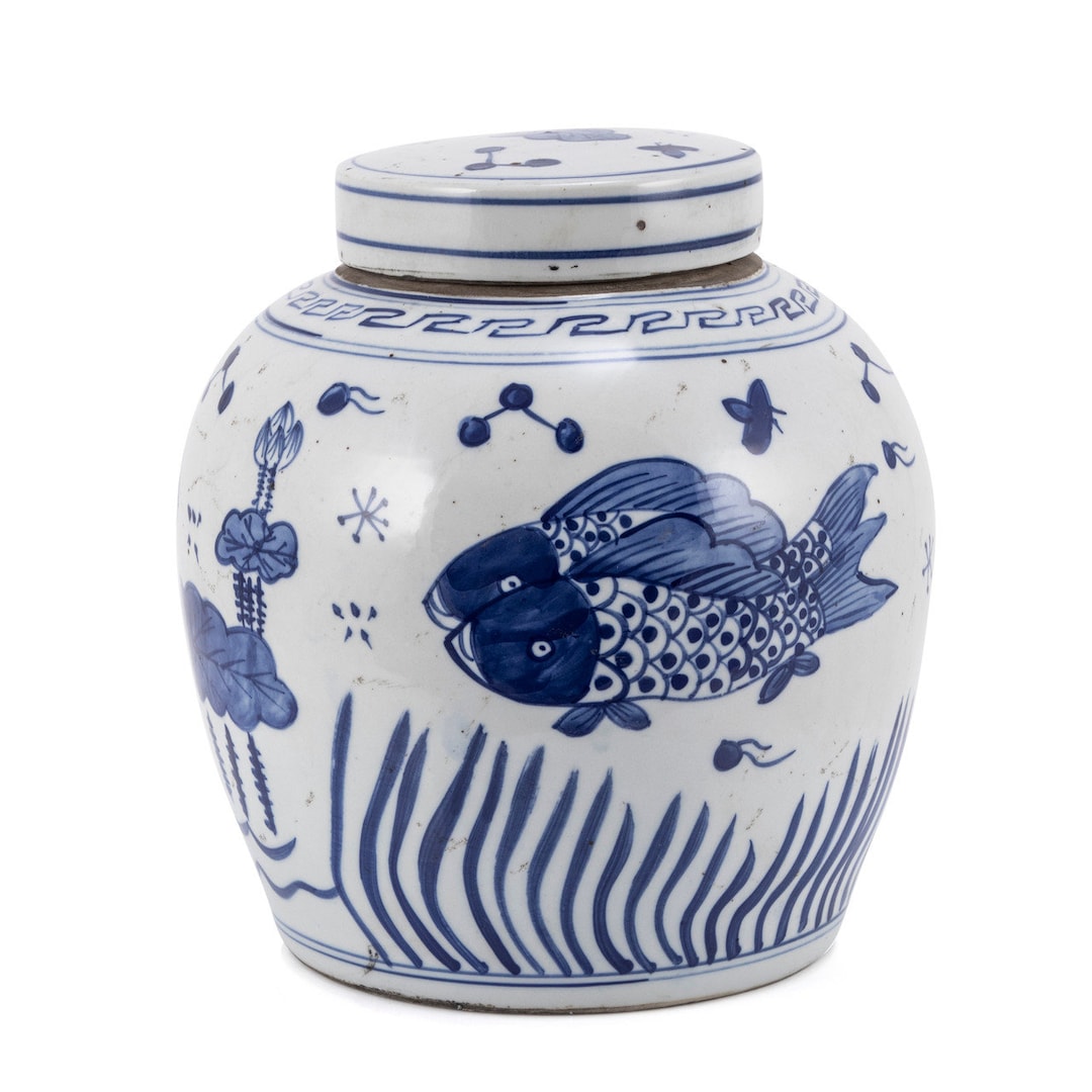 Blue and White Porcelain Fish Motif Ginger Jar 9" - Etsy