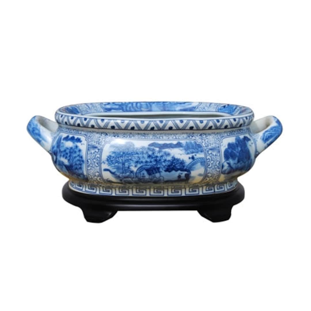 Blue and White Porcelain Blue Willow Foot Bath Basin 16.5" Length Base ...