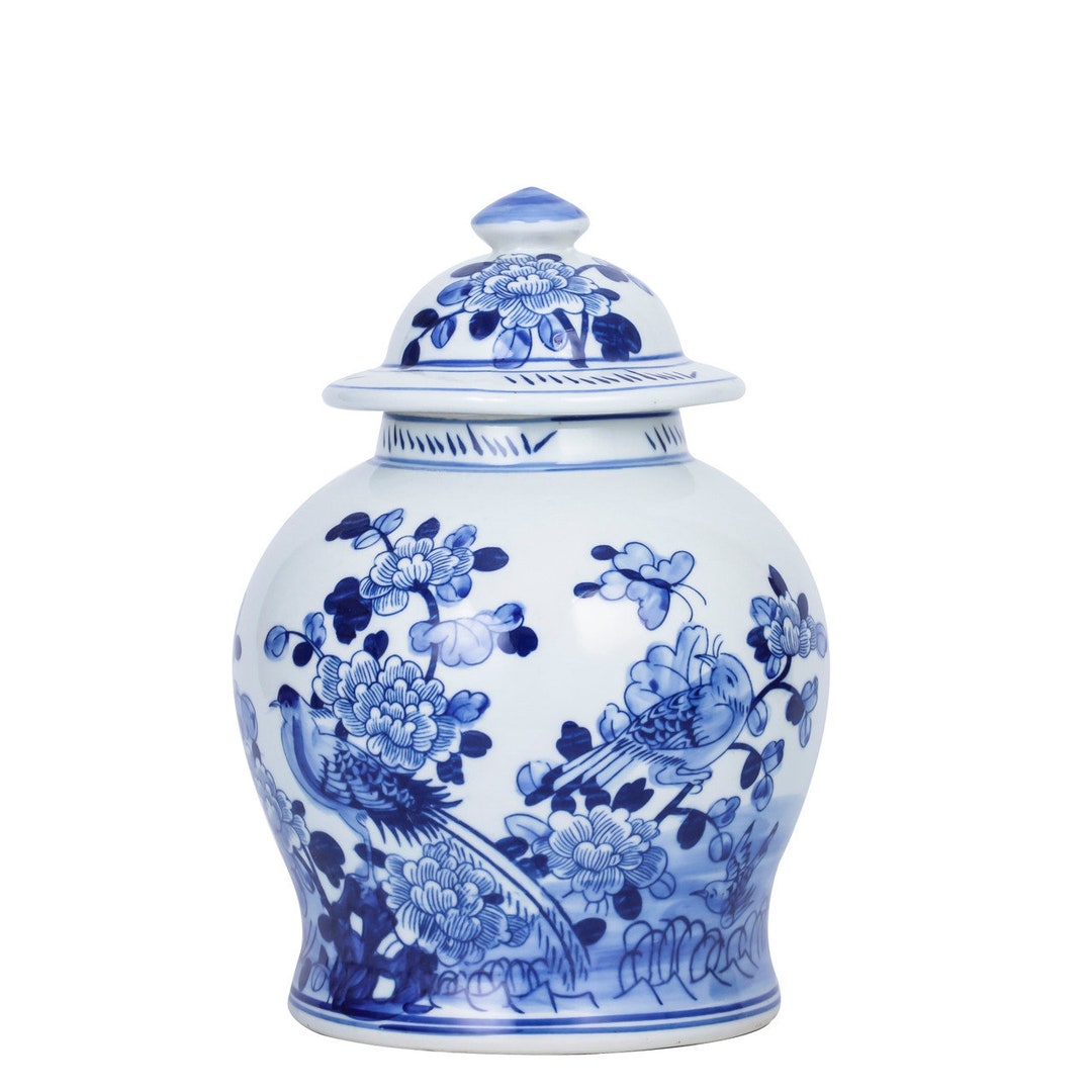Blue and White Porcelain Floral Bird Motif Temple Jar 12" - Etsy