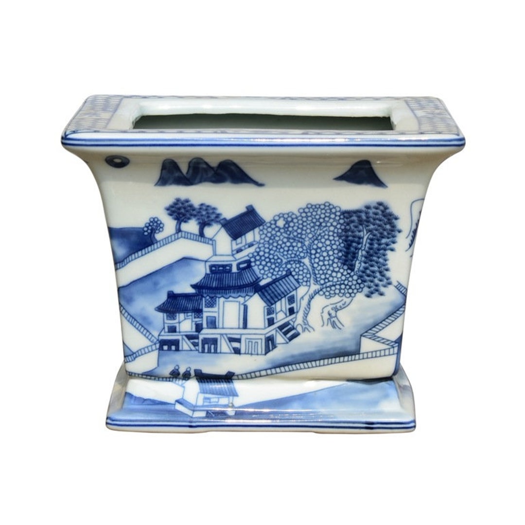 Square Blue and White Porcelain Pot Landscape 6" - Etsy