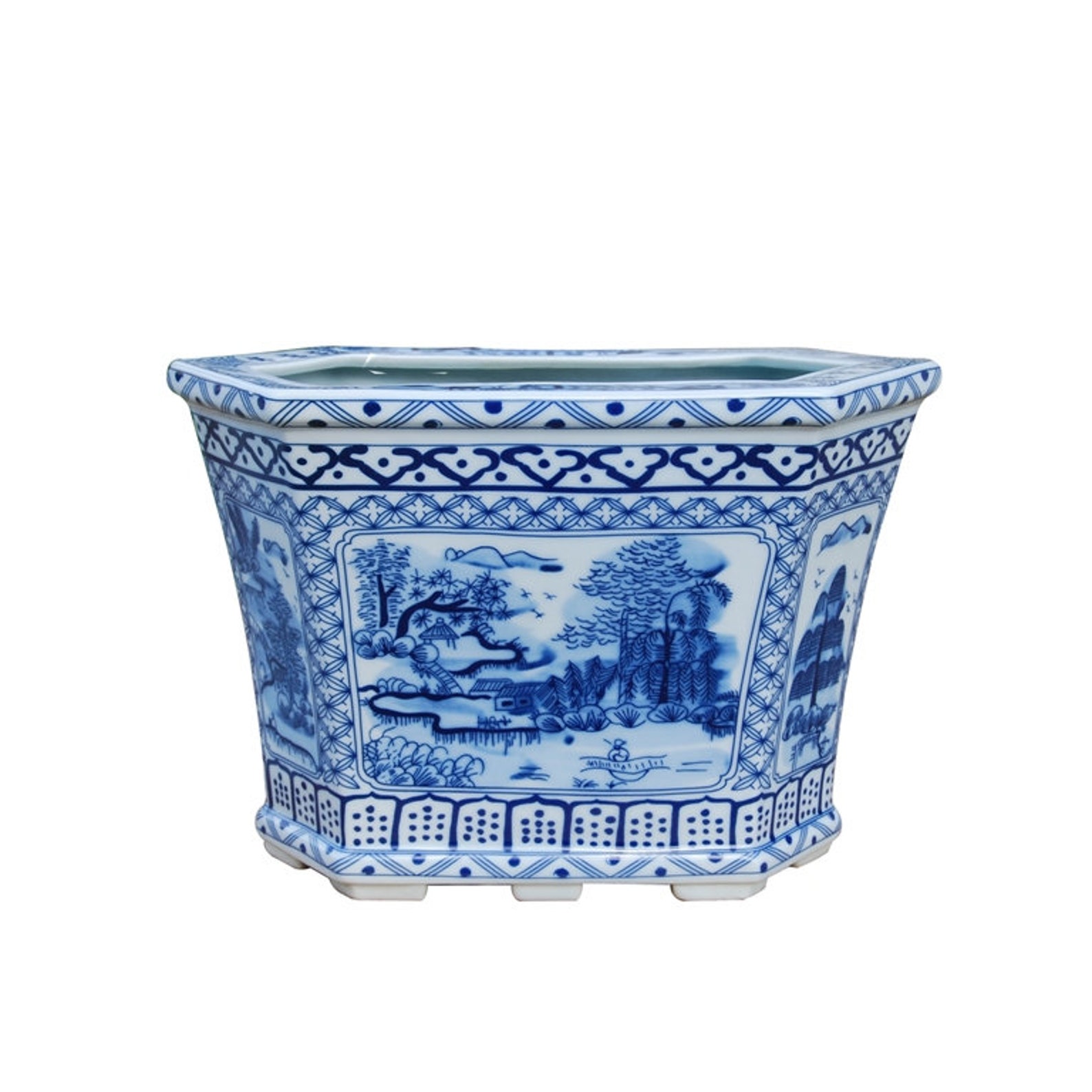 Beautiful Oriental Blue and White Blue Willow Hexagonal Porcelain Pot ...