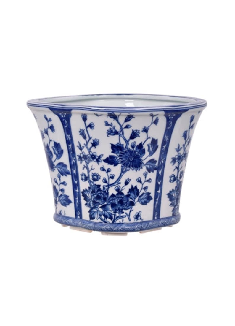 Blue and White Floral Motif Porcelain Oval Cache Pot - Etsy