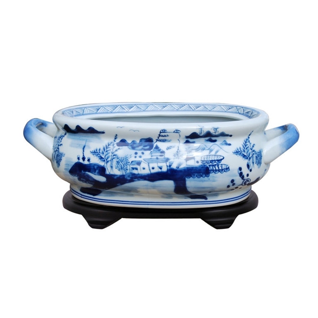Blue and White Porcelain Landscape Foot Bath Basin 16.5" Length Base ...