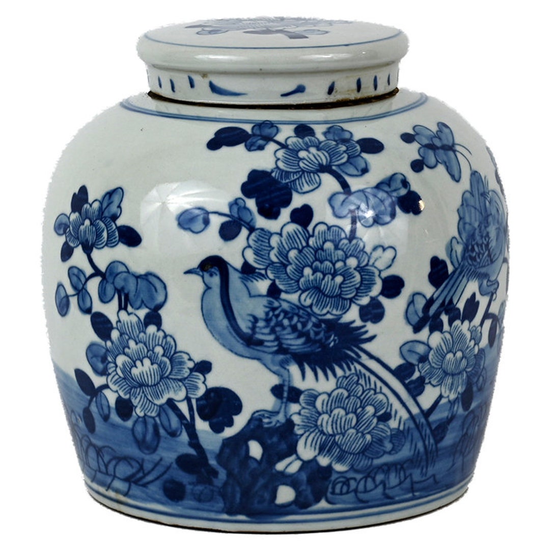 Blue and White Porcelain Floral Bird Motif Ginger Jar 9" - Etsy