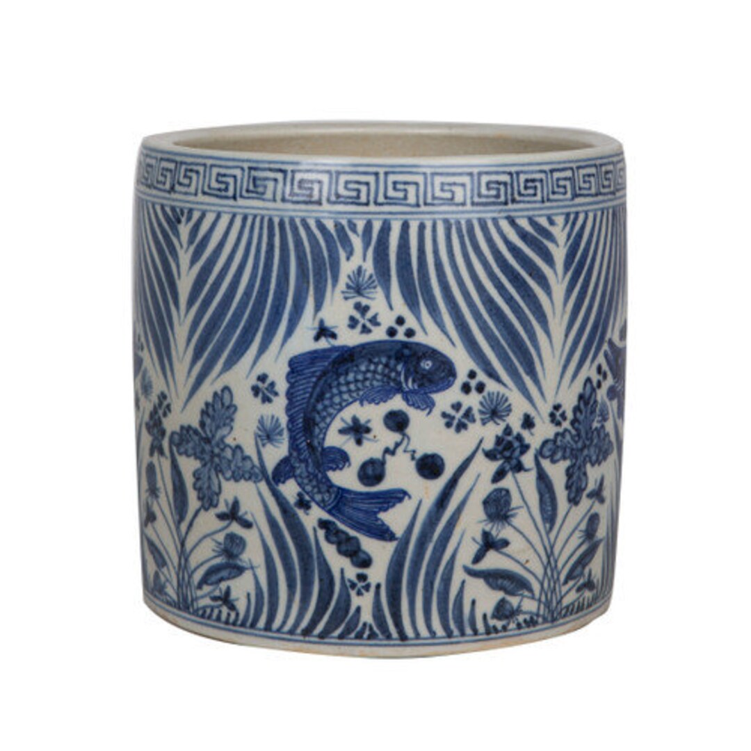 Blue and White Fish Cachepot Pot 8" - Etsy