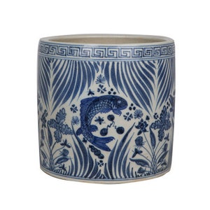 Blue and White Fish Cachepot Pot 8" - Etsy