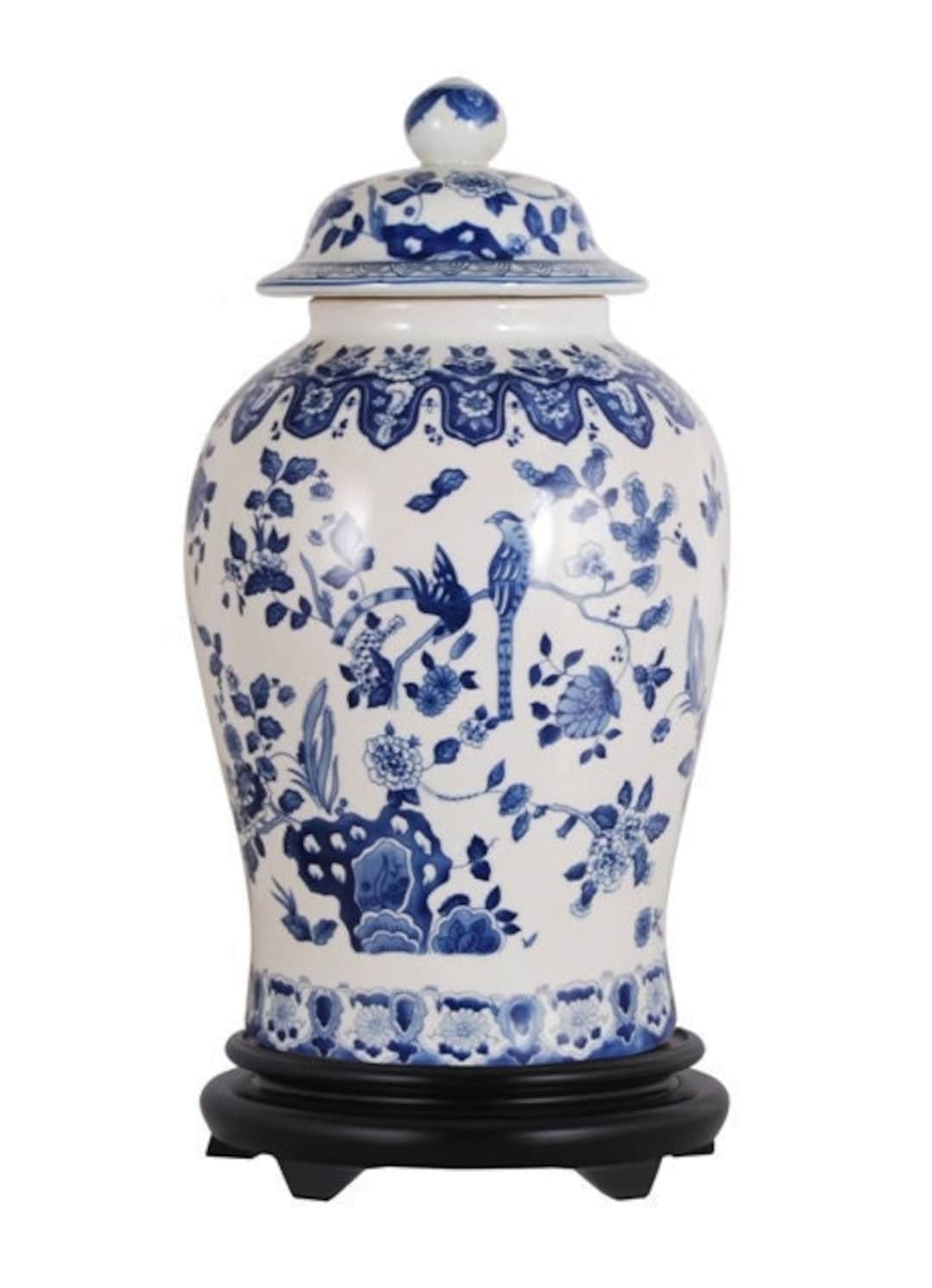 Blue and White Porcelain Bird Motif Temple Jar With Black Stand 19" - Etsy