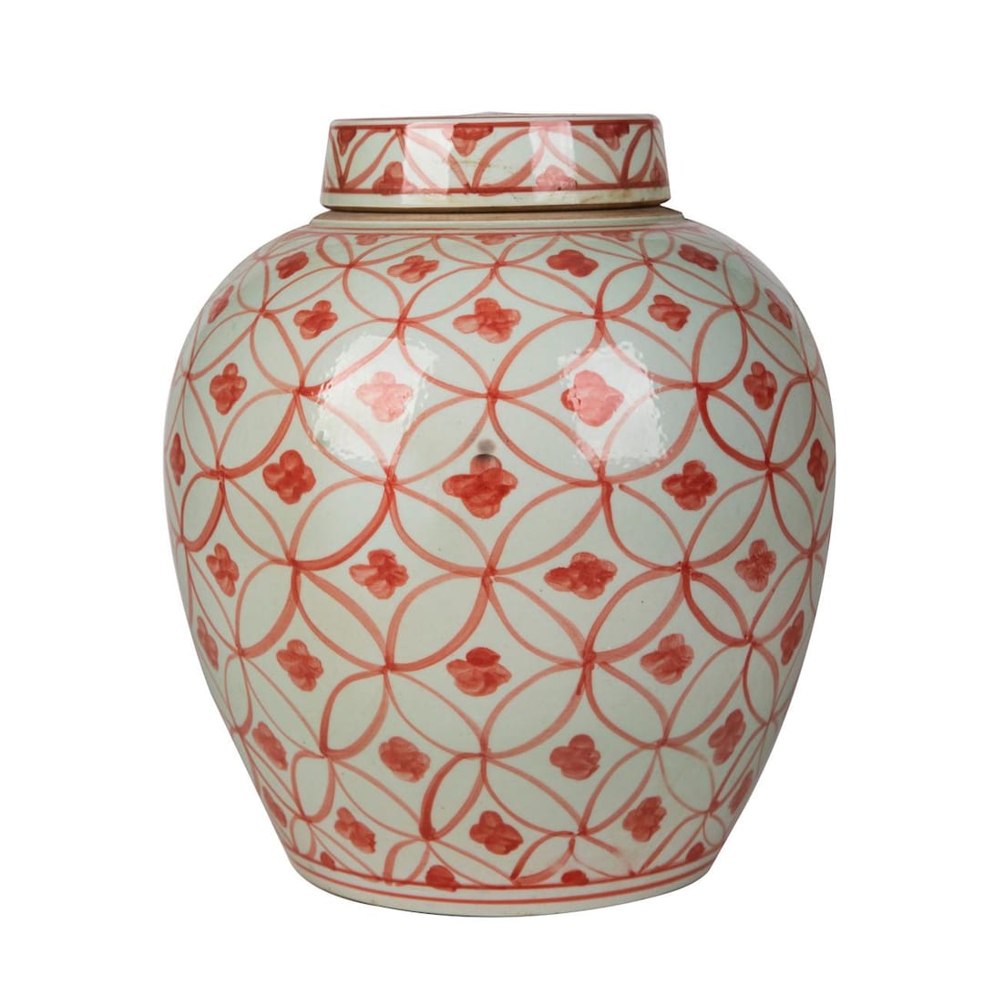 Coral Red and White Vintage Style Porcelain Coin Ginger Jar 11" - Etsy