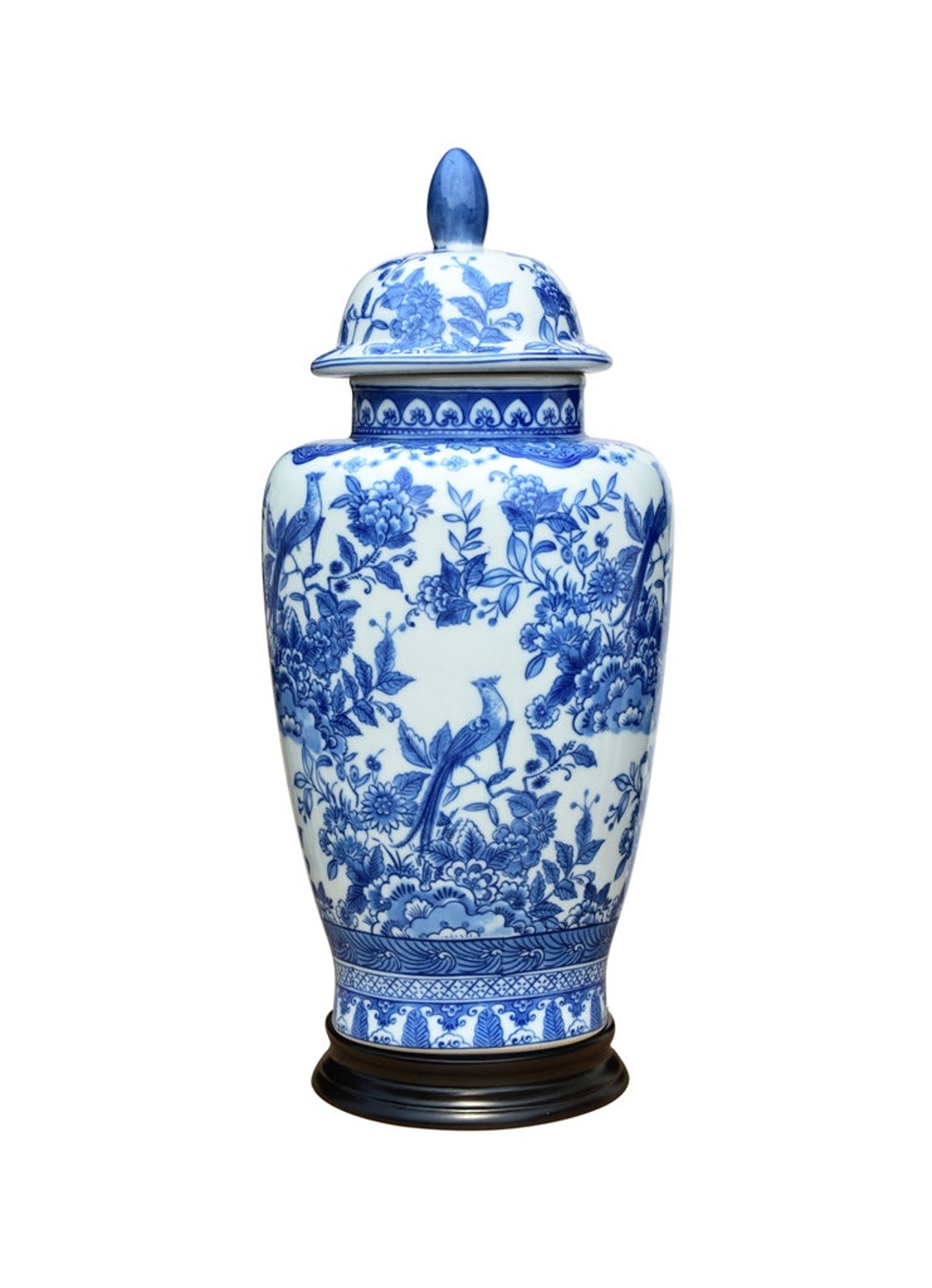 Blue and White Porcelain Floral Bird Pointed Temple Jar With Black ...
