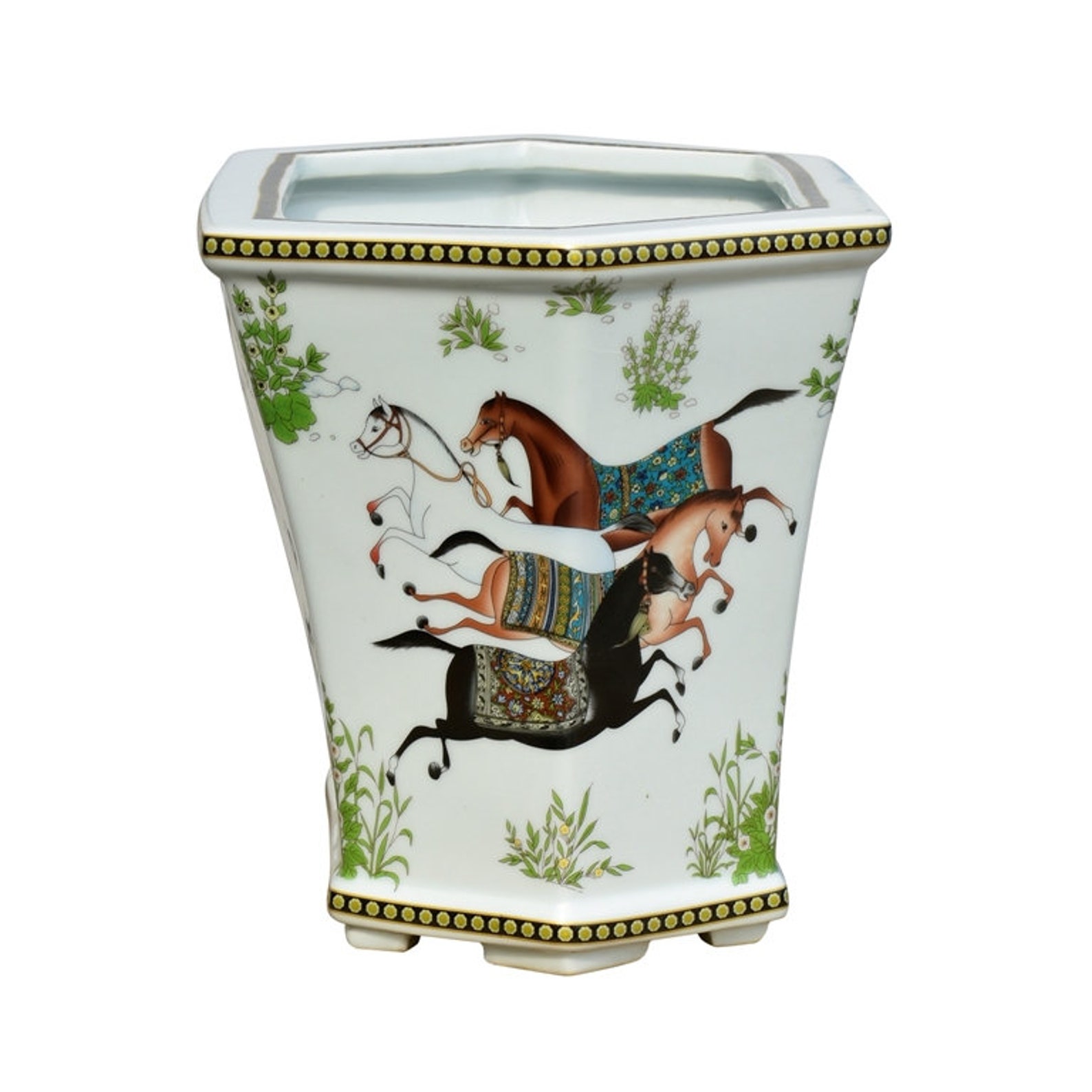 Oriental Horse Motif Floral Porcelain Hexagonal Pot Cachepot - Etsy