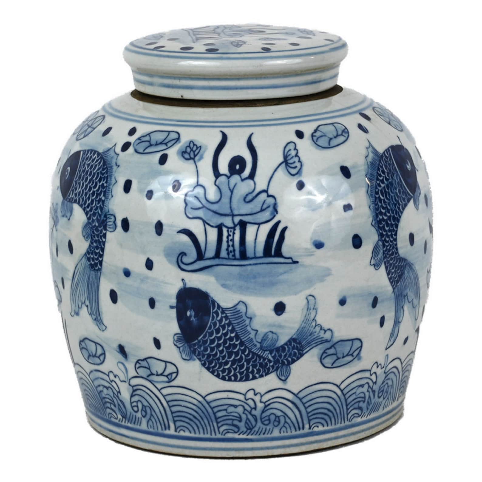 Blue and White Porcelain Fish Motif Ginger Jar 9 - Etsy