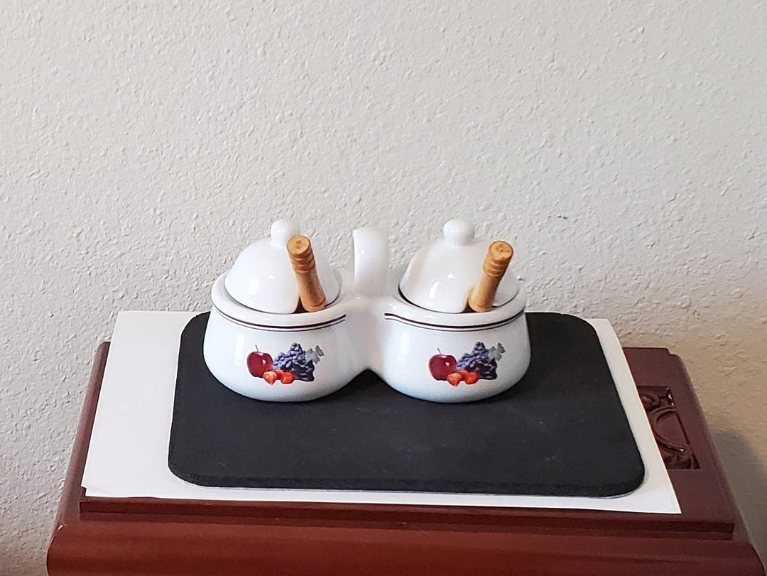 VTG Ceramic Jam Jelly Condiment Set W/2 Spoons Fruit Design-houston ...