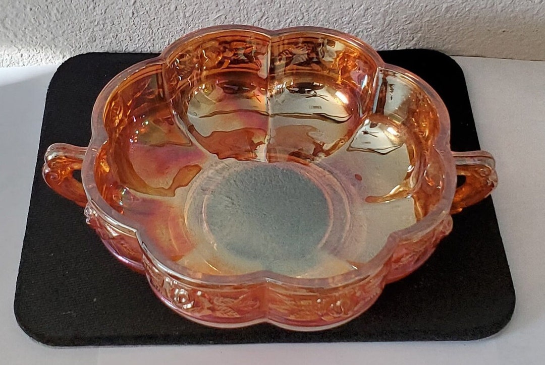 Jeannette Aztec Rose Iridescent Marigold Two Handled Carnival Glass ...