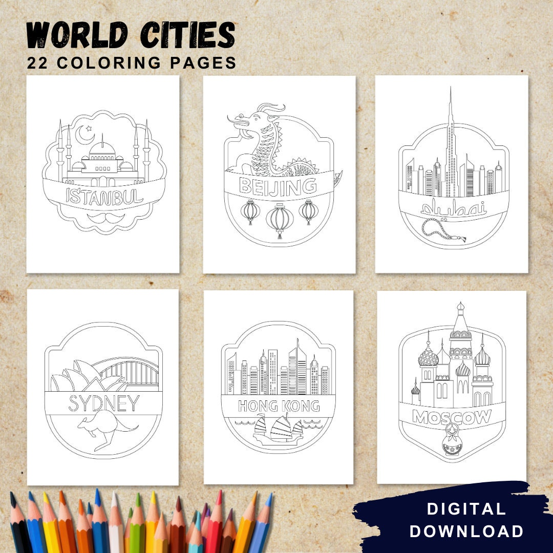 World Cities Coloring Pages for Adults and Kids (PDF Download) - Etsy