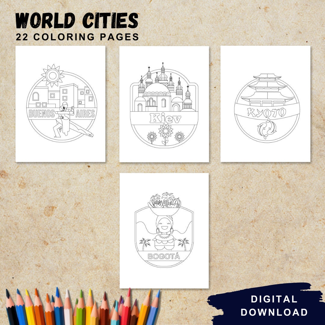 World Cities Coloring Pages for Adults and Kids (PDF Download) - Etsy