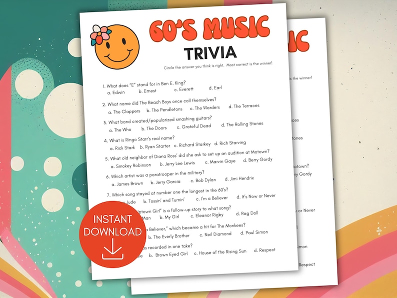 60s Music Trivia Game, 1960s Theme Party Game, 60s Trivia, Groovy Retro ...