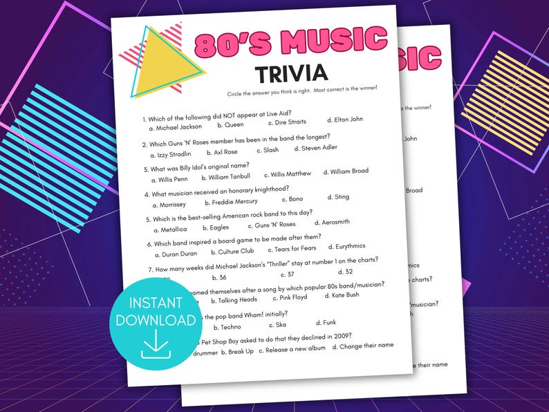 80s Music Trivia Game, 80s Trivia Quiz, 80s Party Games, Retro Birthday Games, Pub Trivia ...