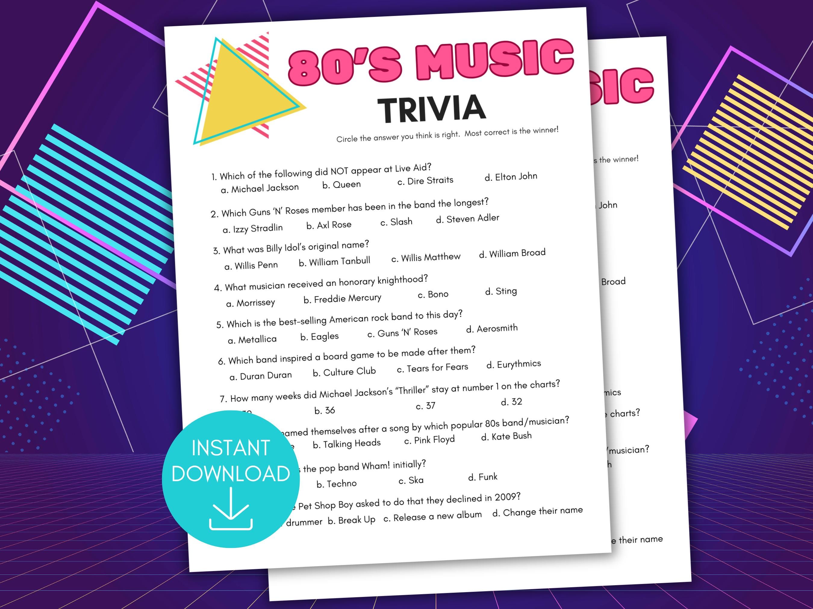 80s Music Trivia Game, 80s Trivia Quiz, 80s Party Games, Retro Birthday ...